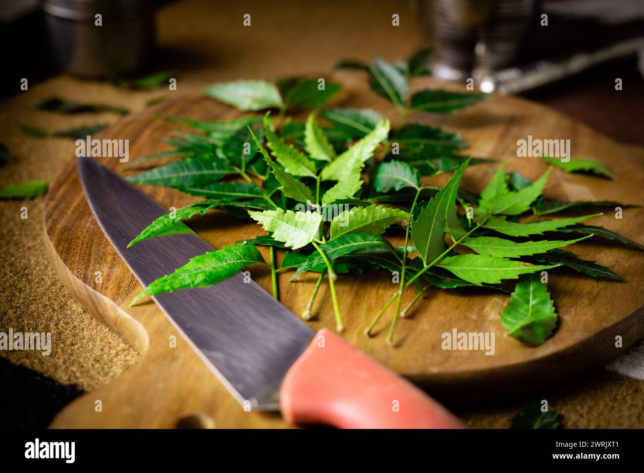 Raw green neem leaves on a chopping board Stock Photo - Alamy