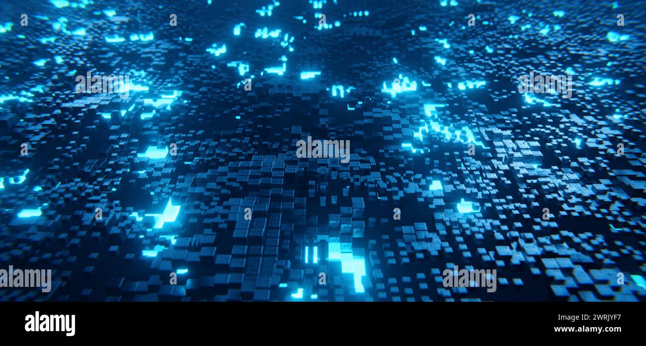 Sci-fi block chain tech background with blue neon particles Stock Photo ...