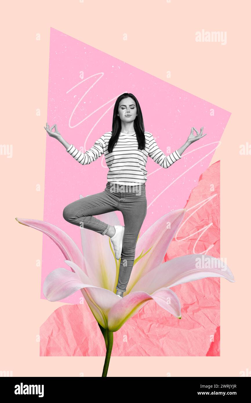 Vertical creative composite photo collage of peaceful girl standing in ...