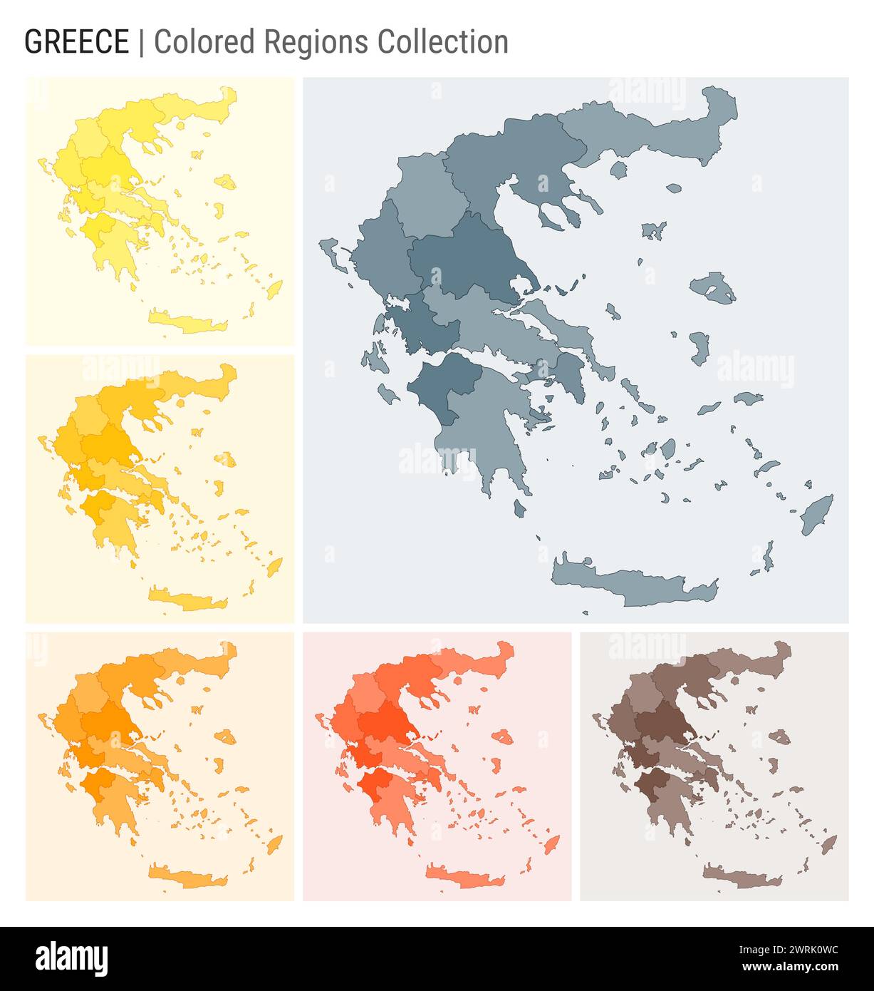 Greece map collection. Country shape with colored regions. Blue Grey ...