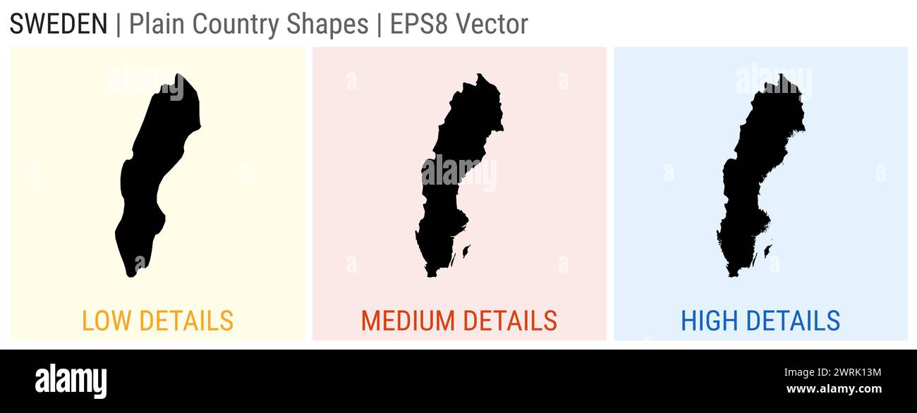 Sweden - plain country shape. Low, medium and high detailed maps of Sweden. EPS8 Vector ...