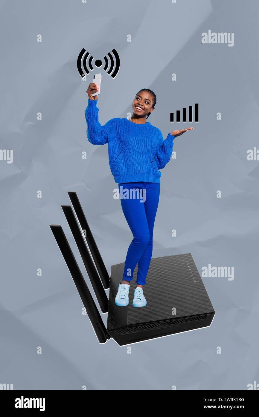 Vertical creative collage poster standing young woman catch internet ...