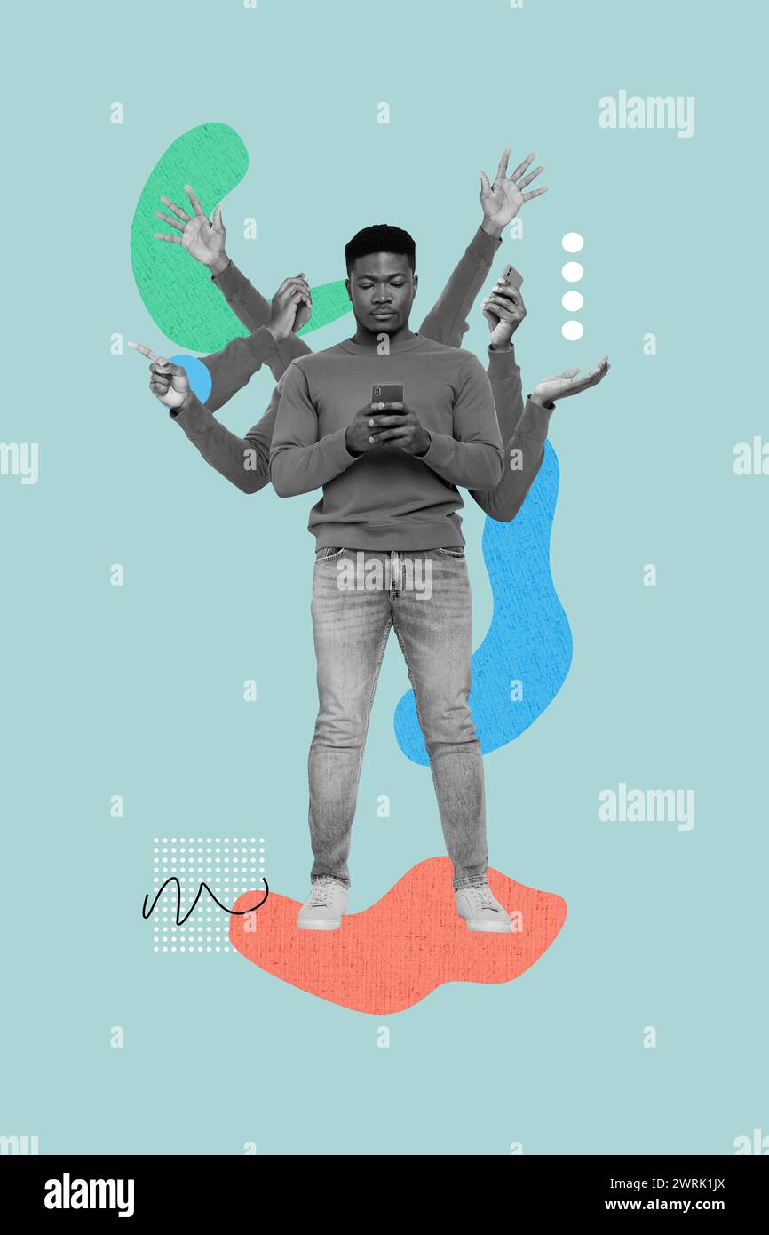 Vertical photo collage standing young man browsing phone many arms ...