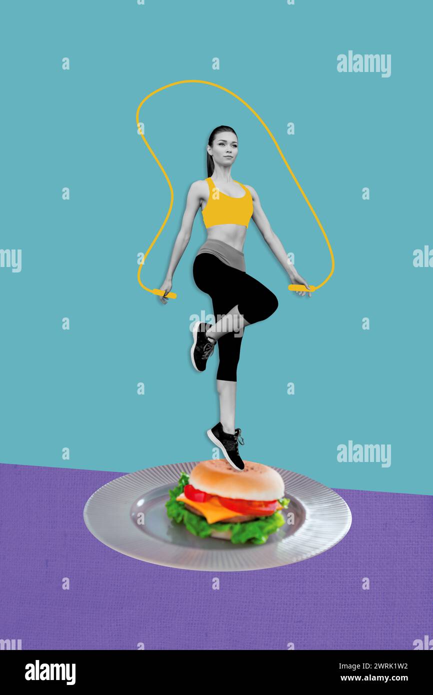 Vertical creative collage poster young jumping fit girl body shaping ...