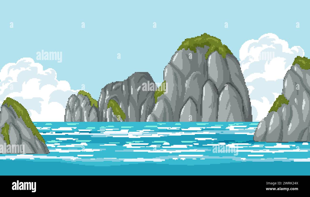 Vector illustration of tranquil ocean and rocky cliffs Stock Vector ...