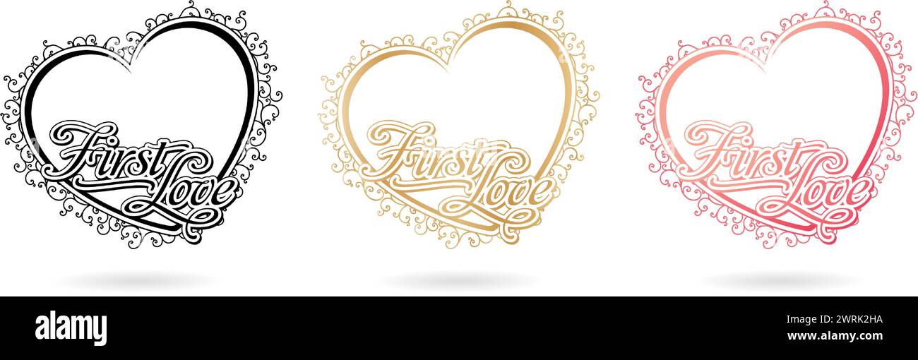 vector illustration frame first love heart with lettering fonts ...