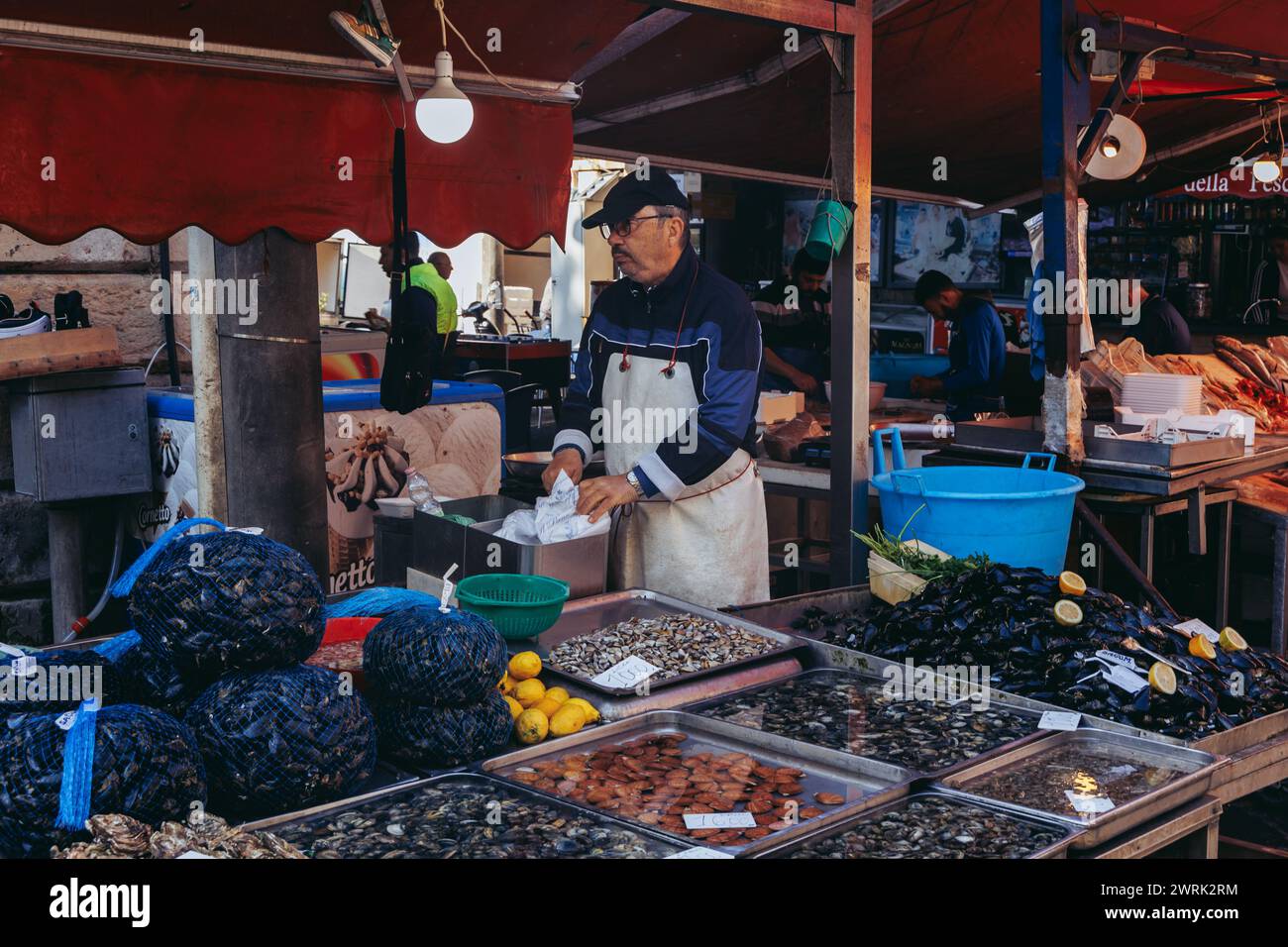 Seafood for sale on La Pescheria fish market in Catania city on the ...