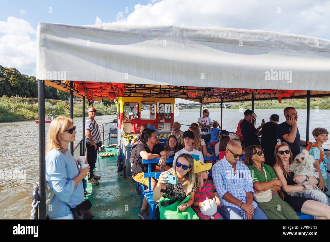 Water bus called water tram in Poland, on the Vistula River in Warsaw ...