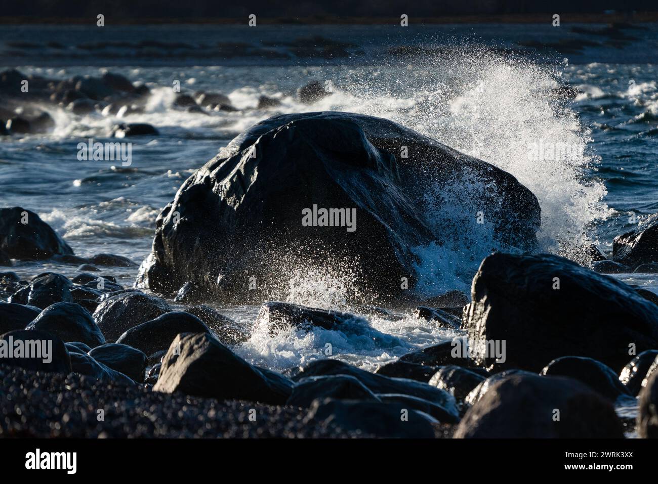 WAVES CRASH ON A LARGE GLACIAL ERRATIC ROCK, BALTIC SEA: Stormy waves ...