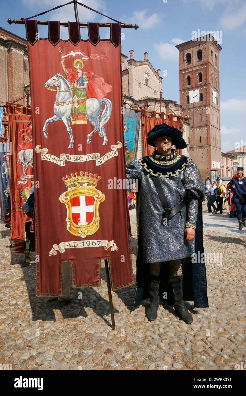 Traditional historical medieval parade of the Palio of Asti in Piedmont ...