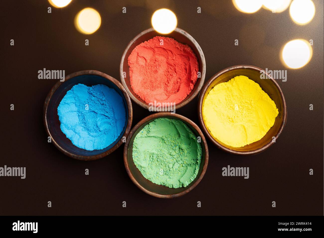 Closeup view of colorful Holi powder on the bowl. Holi festival concept ...