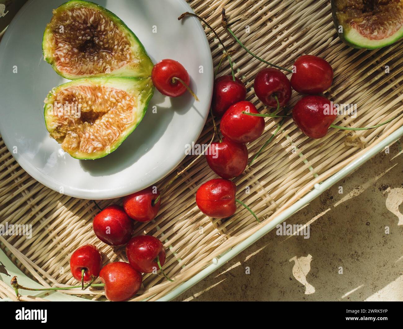 Horizontal straight from above close up shot of fruits in a rustic tray ...