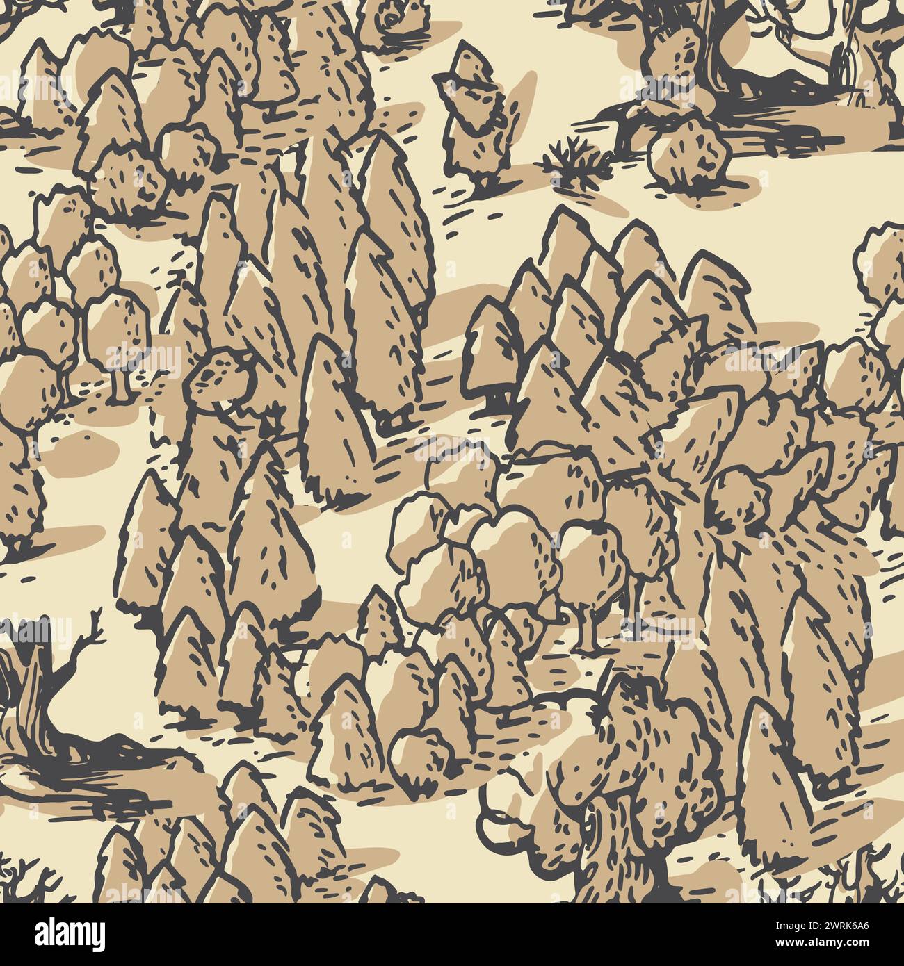 Seamless pattern of old map. Hand drawn forest top view. Different ...