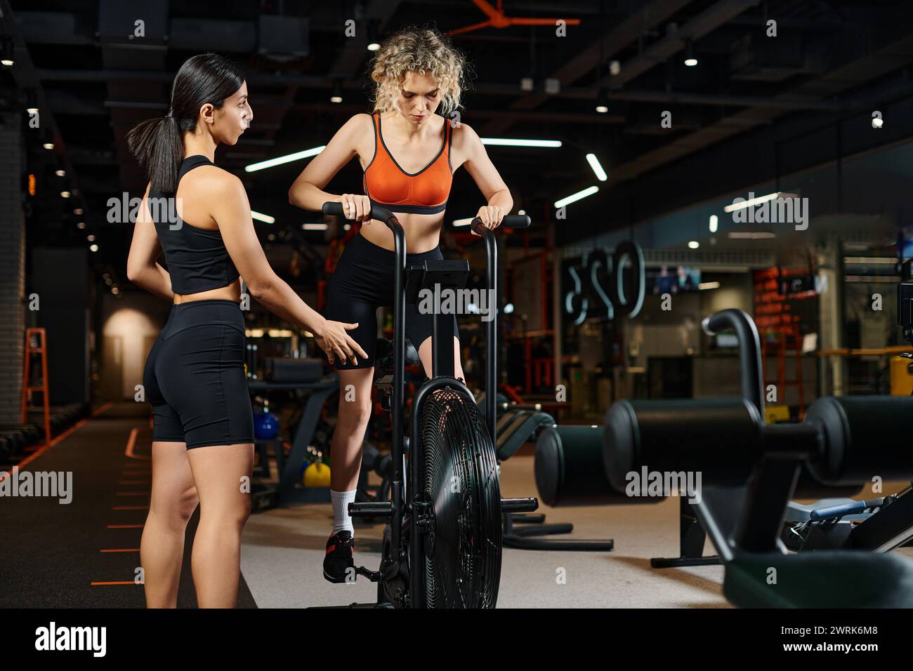 beautiful energetic woman using modern cross trainer while in gym next ...