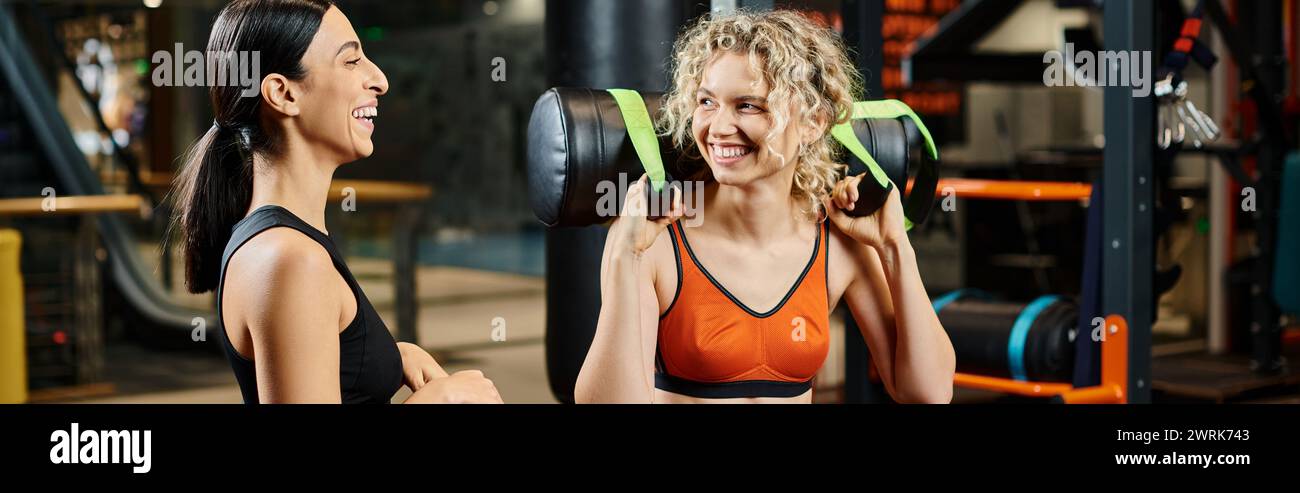 happy beautiful woman and her athletic female coach practicing with ...
