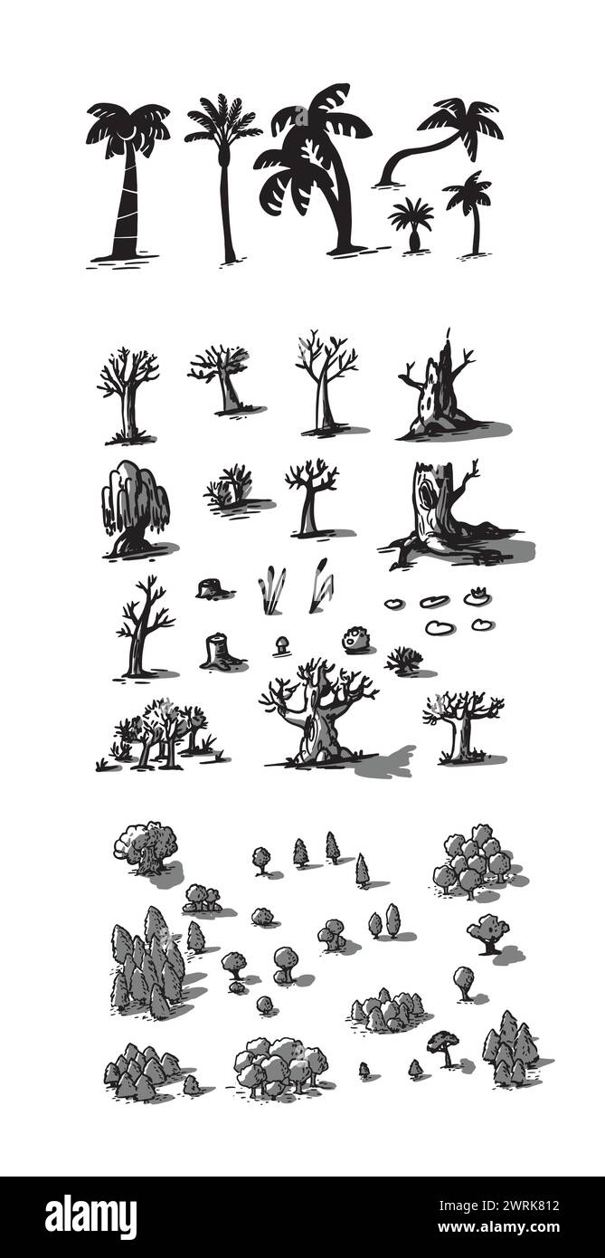 Big Set of trees asset for old map. Fantasy landscape elements for ...