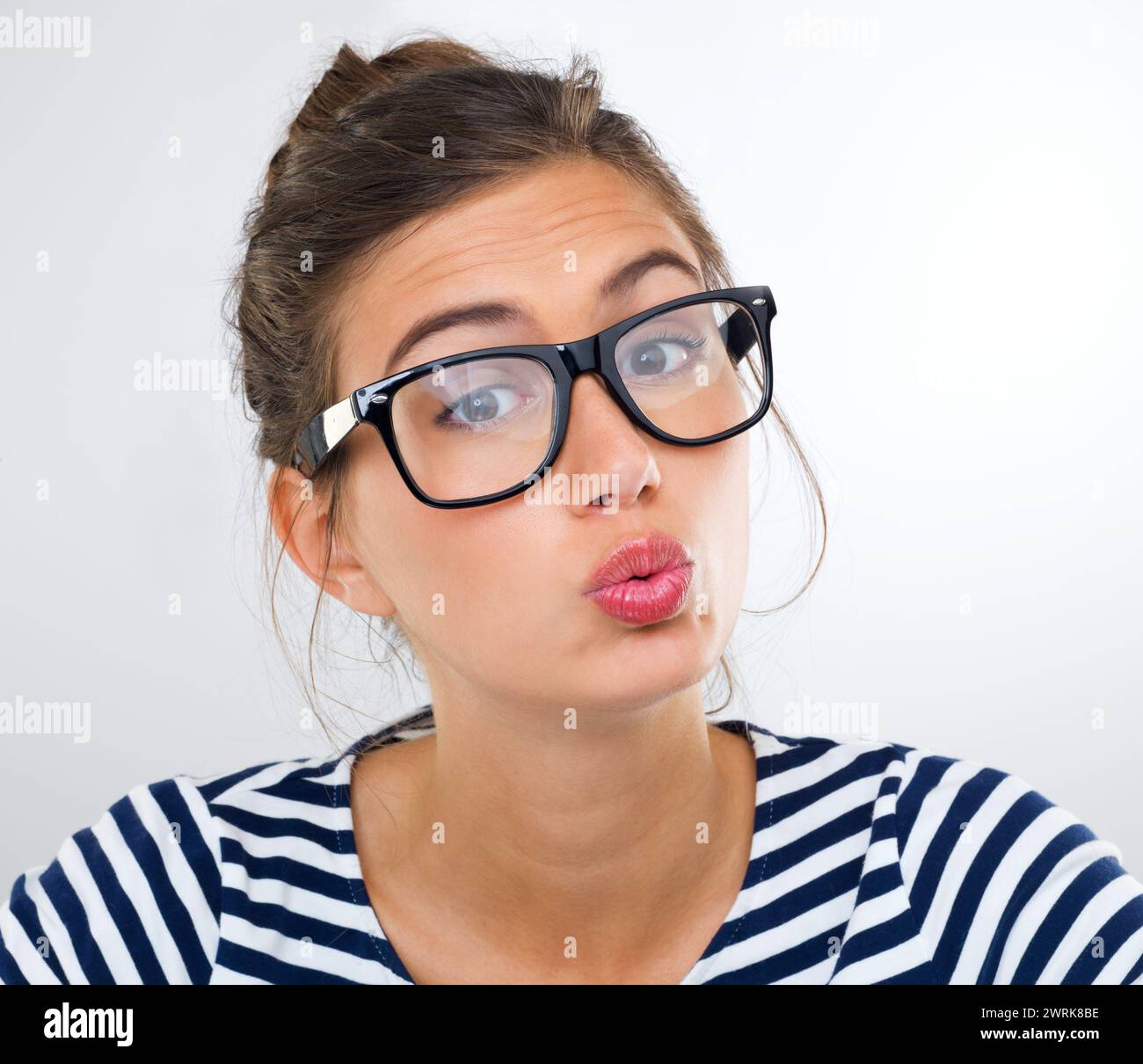 Portrait, woman and pout with glasses, student and person on a white ...