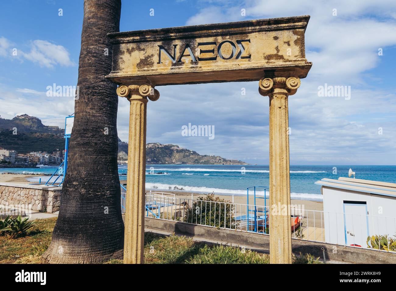Monument with the word Naxos in Giardini Naxos in the Metropolitan City ...