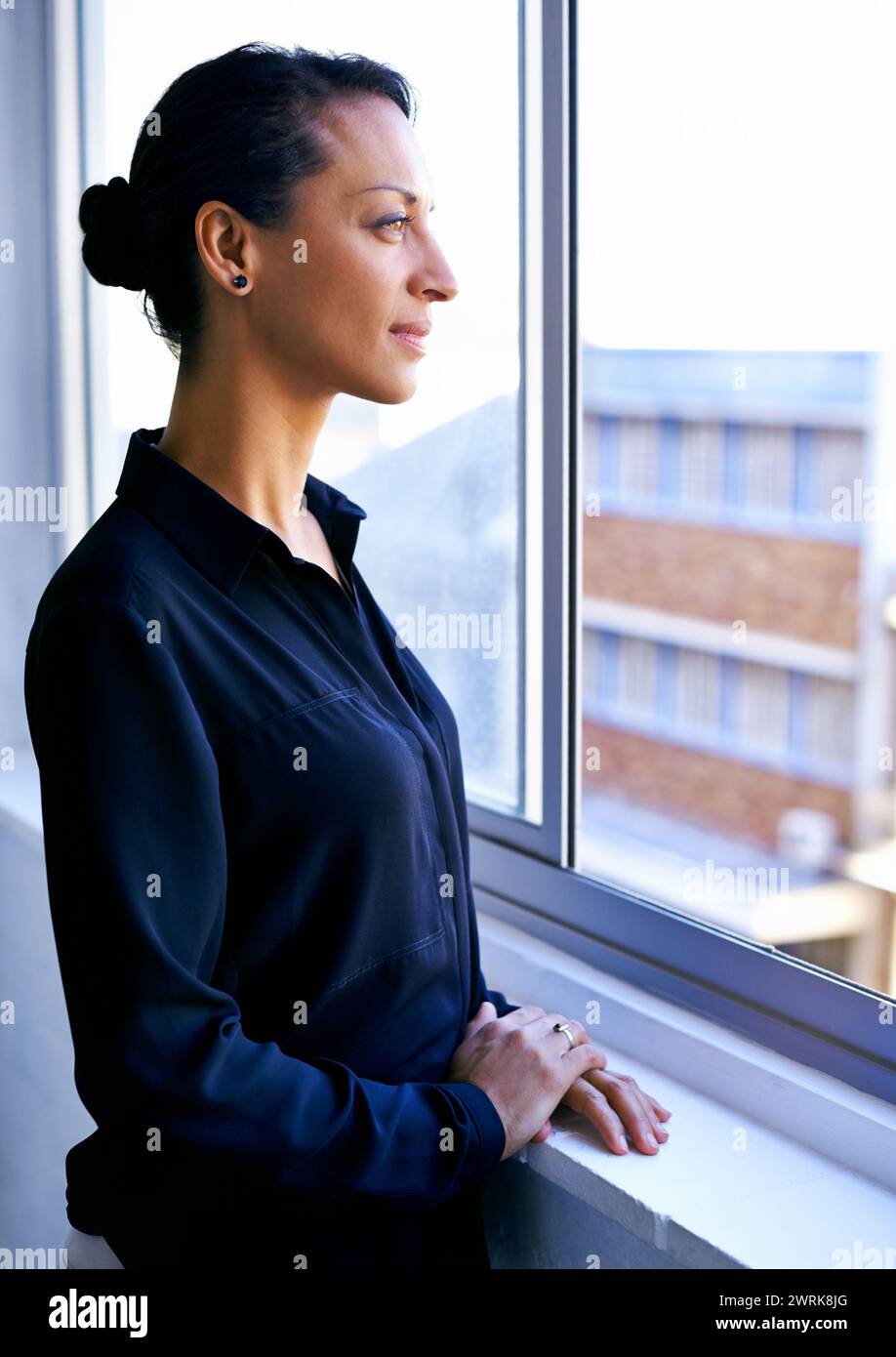 Reflection, thinking and woman at window in office with business idea ...