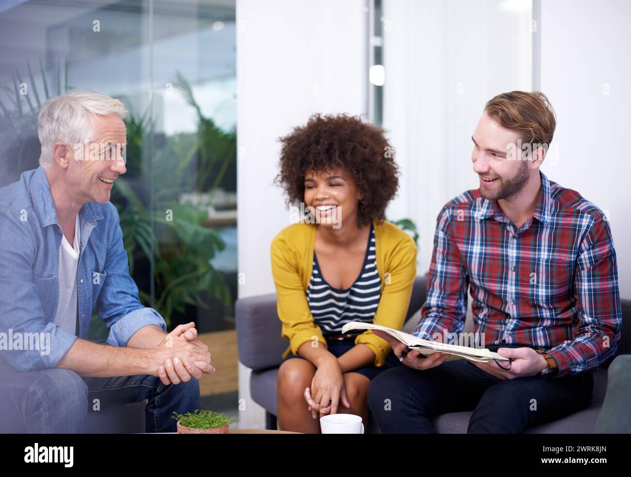 Office, teamwork and CEO smile with employees, joy and happiness for ...