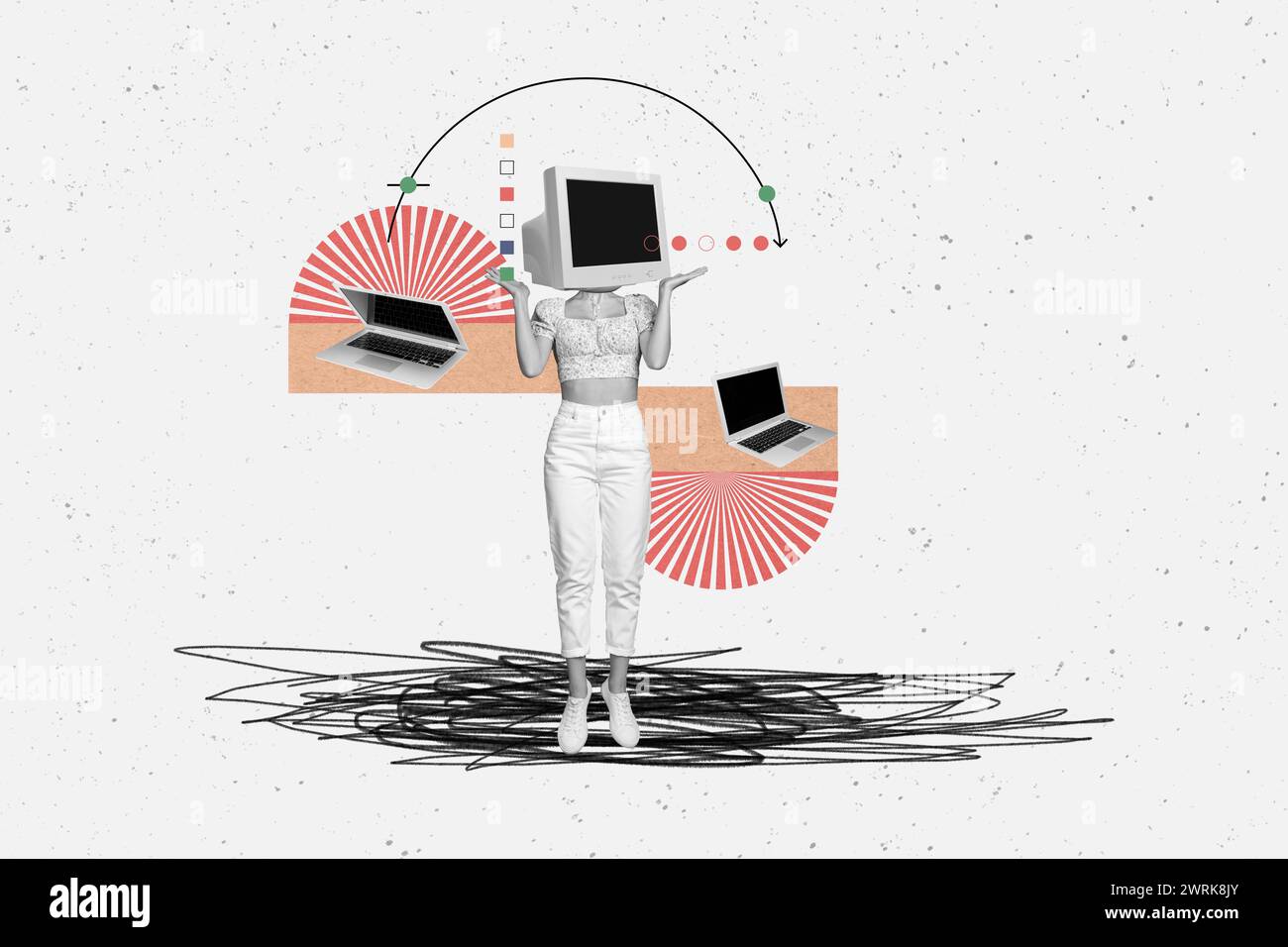 Creative photo collage standing young woman headless computer monitor ...