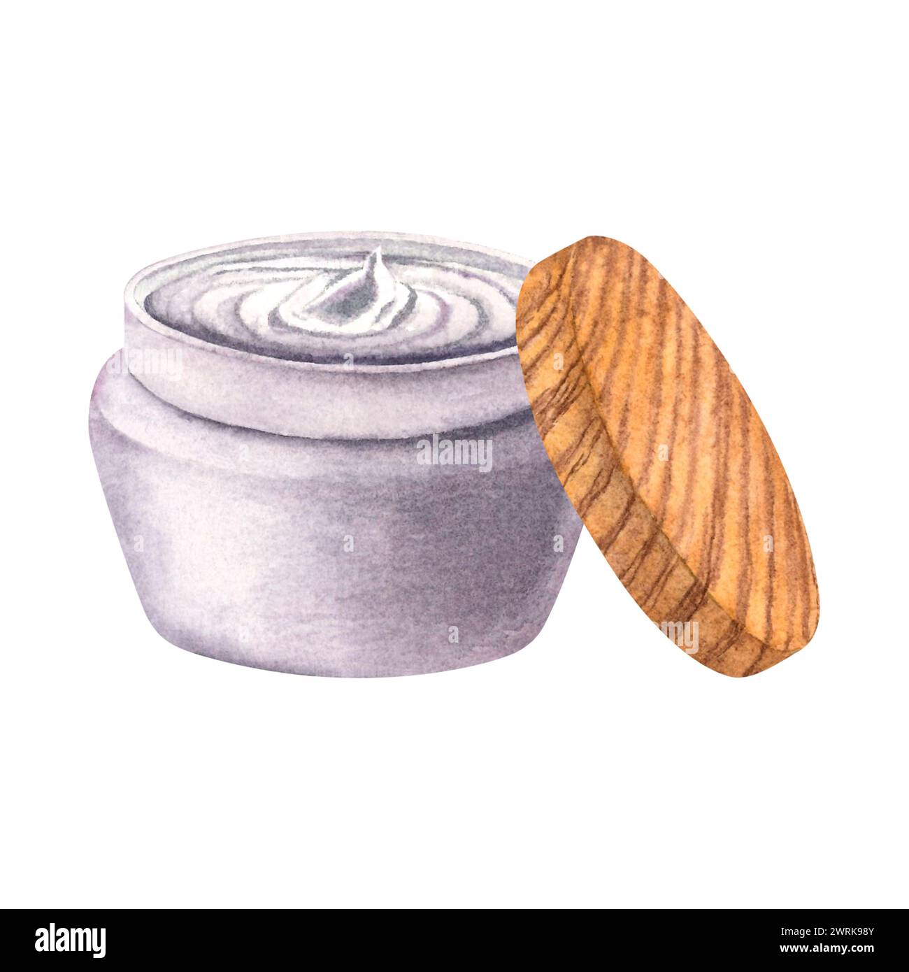Round grey plastic jar of creamy body butter with wooden cap. Open ...