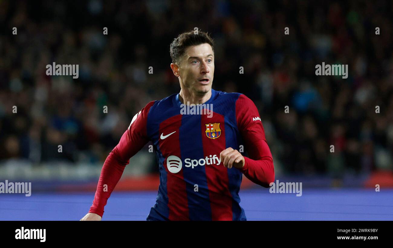 Barcelona's Robert Lewandowski runs during a Spanish La Liga soccer ...