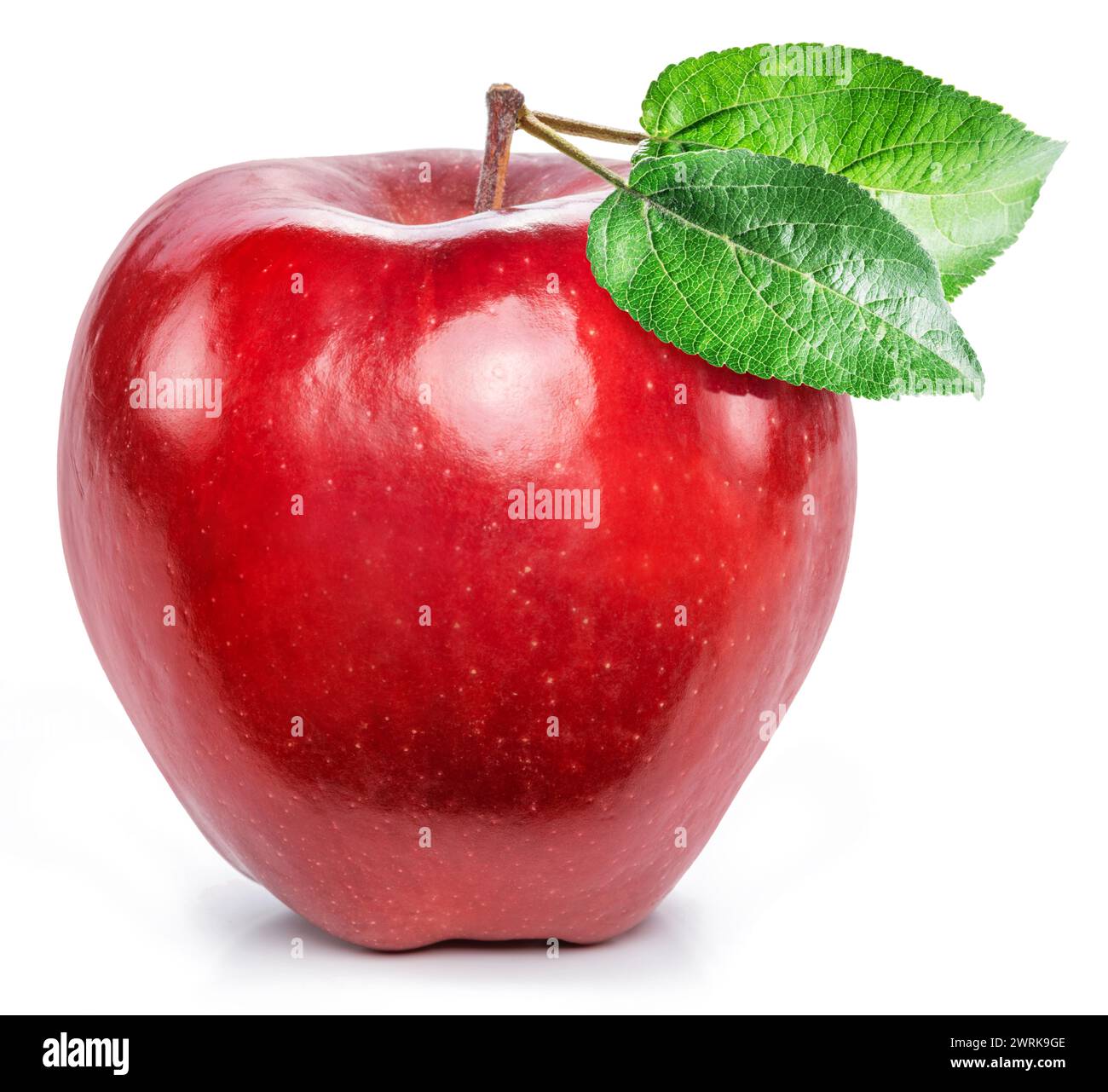 Perfect red apple fruit with two green leaves isolated on white ...