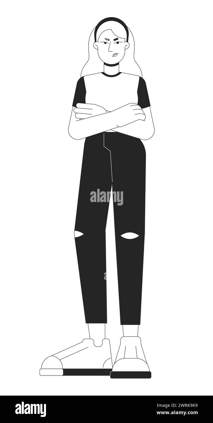 Woman angry arms crossed black and white cartoon flat illustration ...
