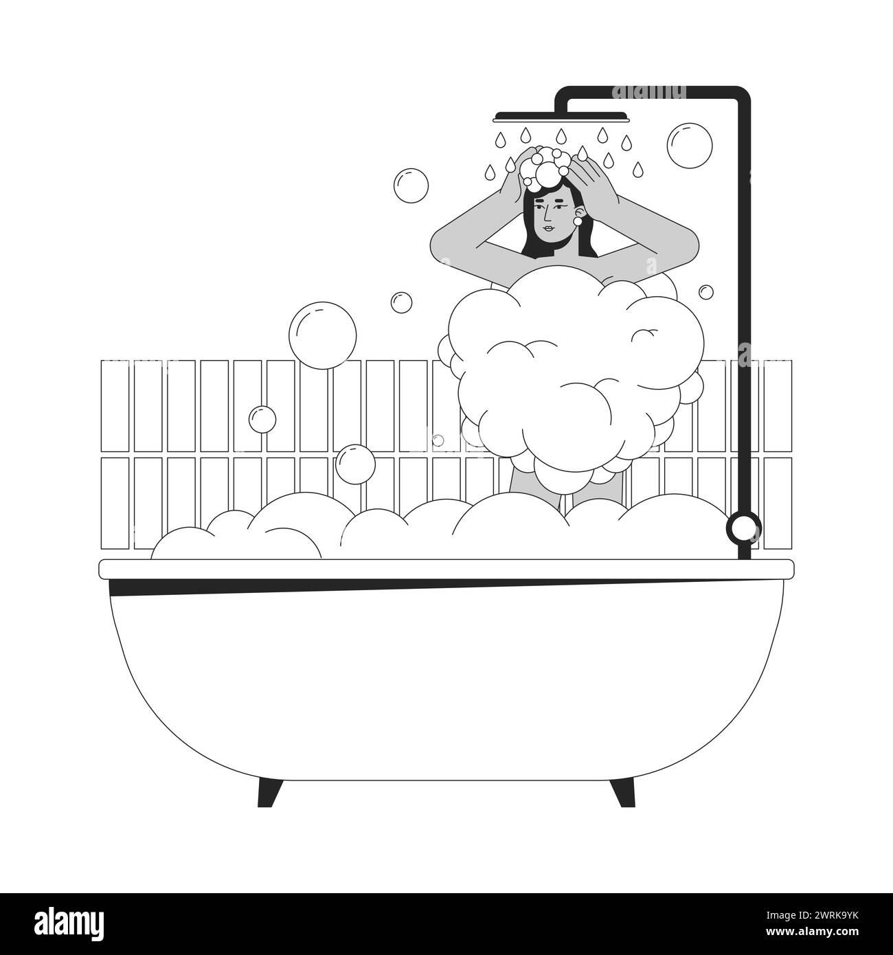 South Asian Woman Showering In Bathtub Black And White 2d Line Cartoon Character Stock Vector