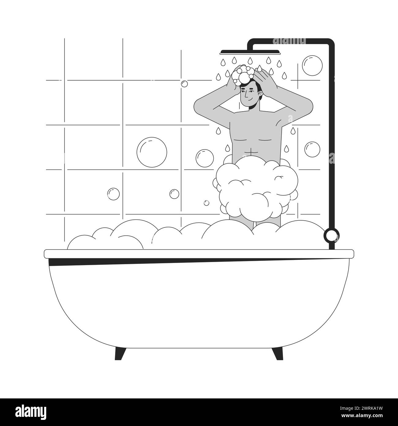 Indian man showering in bathtub black and white 2D line cartoon ...