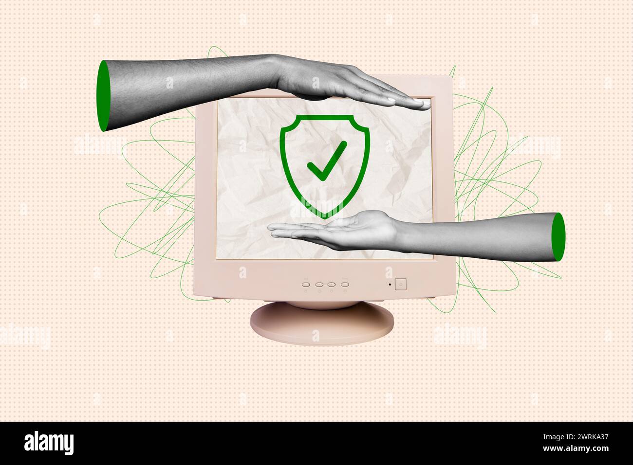 Photo collage picture human hands palms showing pc monitor screen ...