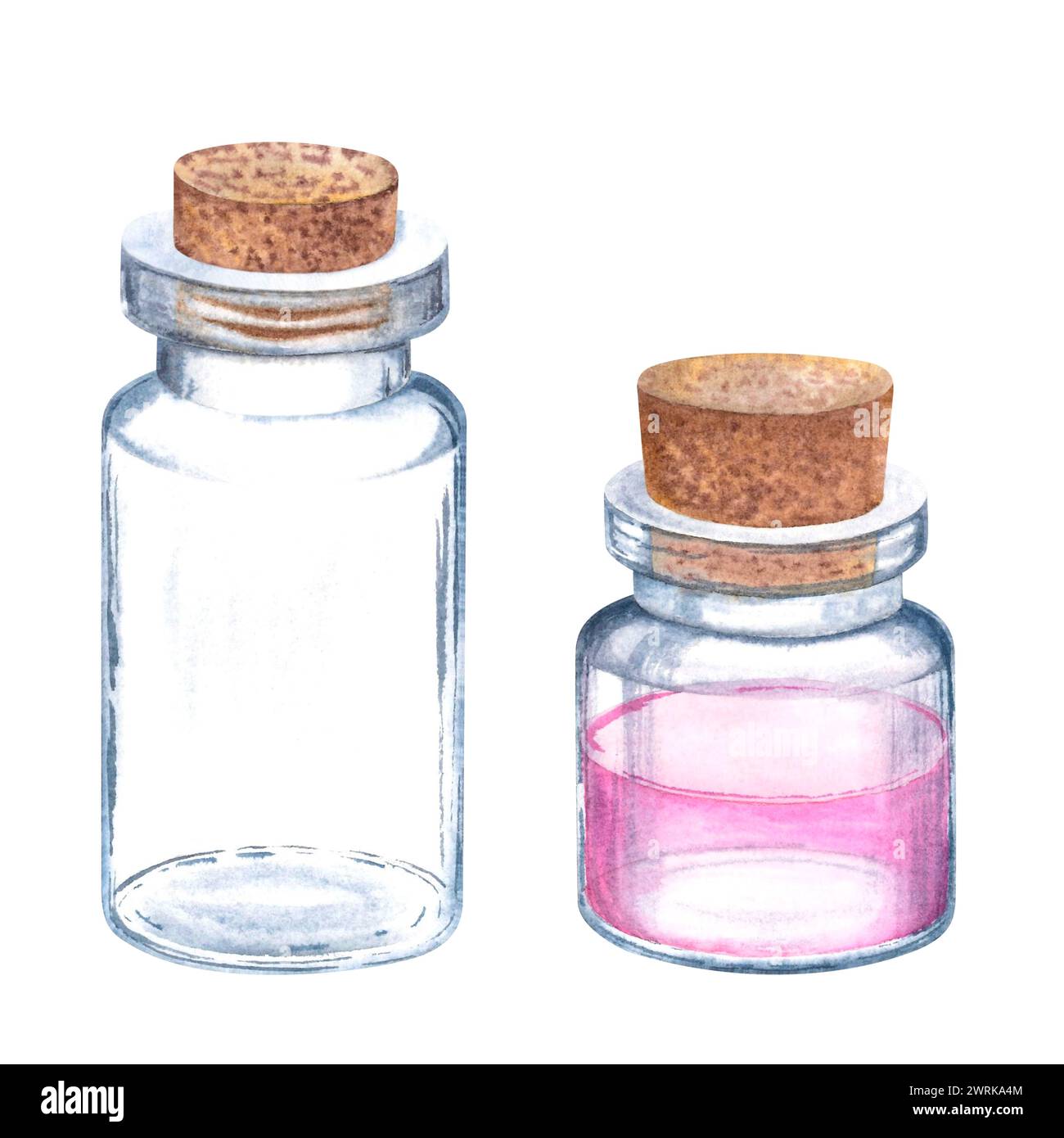 Tiny clear glass bottles with wooden stoppers. Hand painted watercolor ...