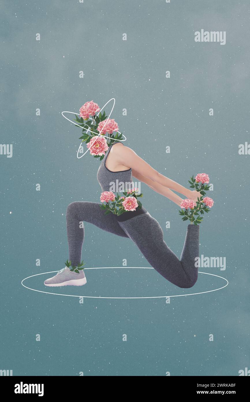 Vertical creative collage picture young headless sportswoman exercise ...