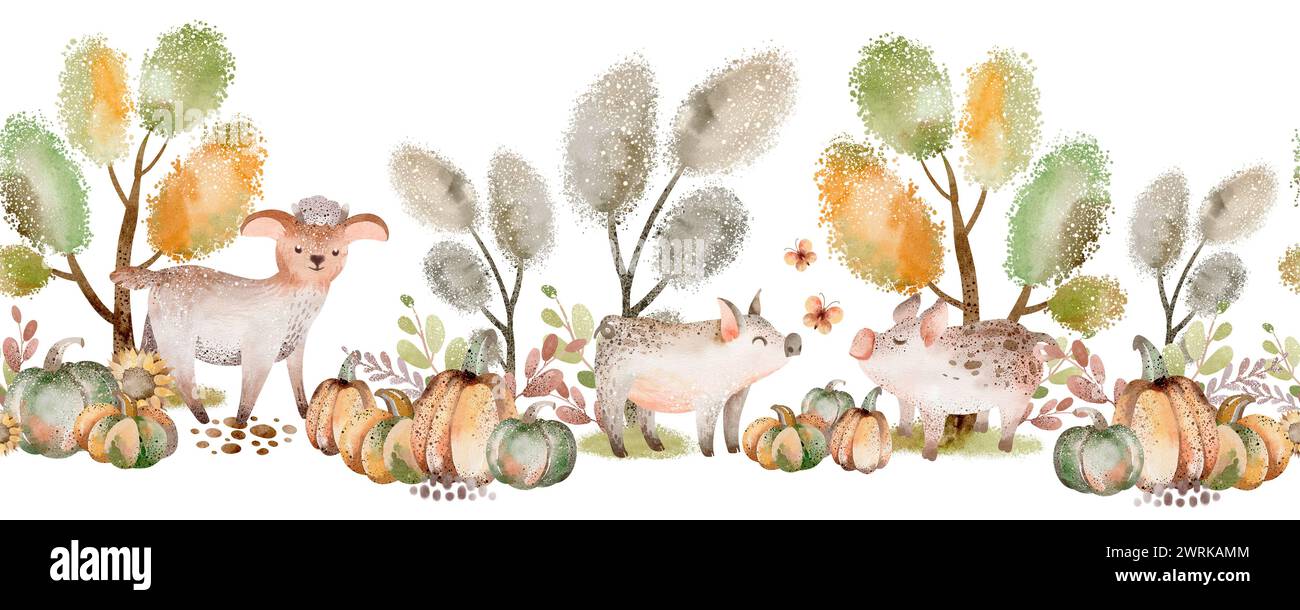 Watercolor Seamless border farming animals Stock Photo - Alamy