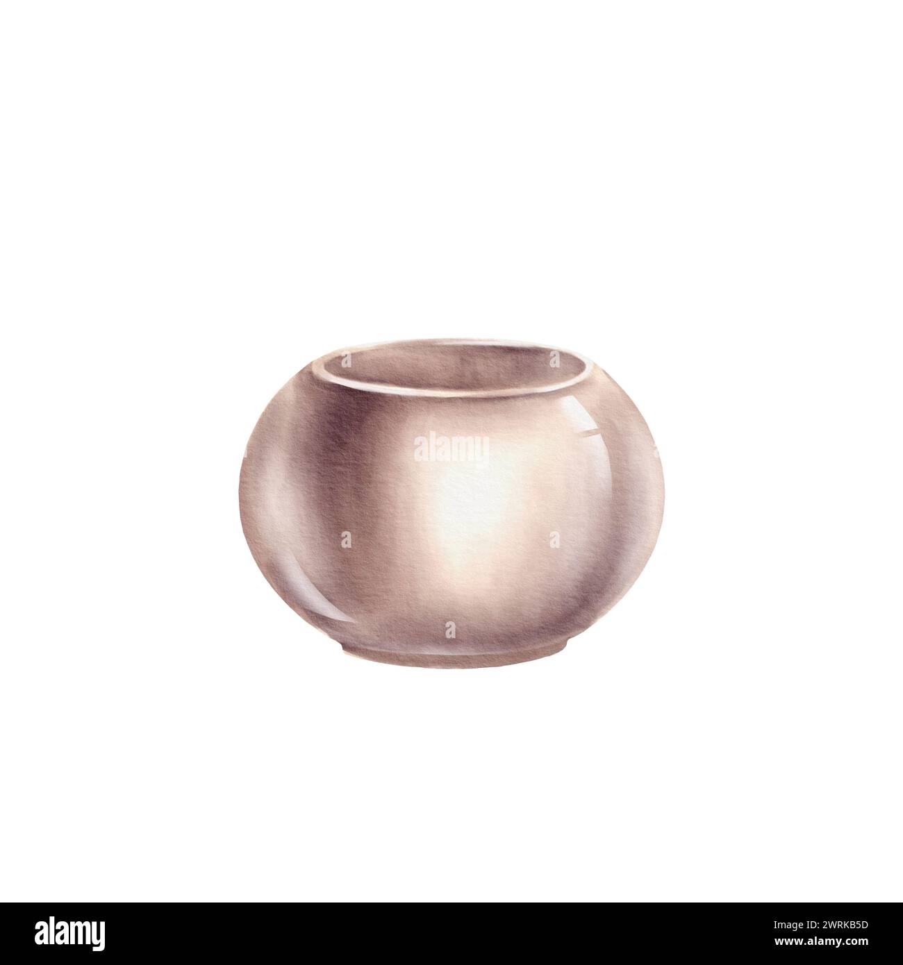 Watercolor illustration of a round glossy empty pot earthy colored ...
