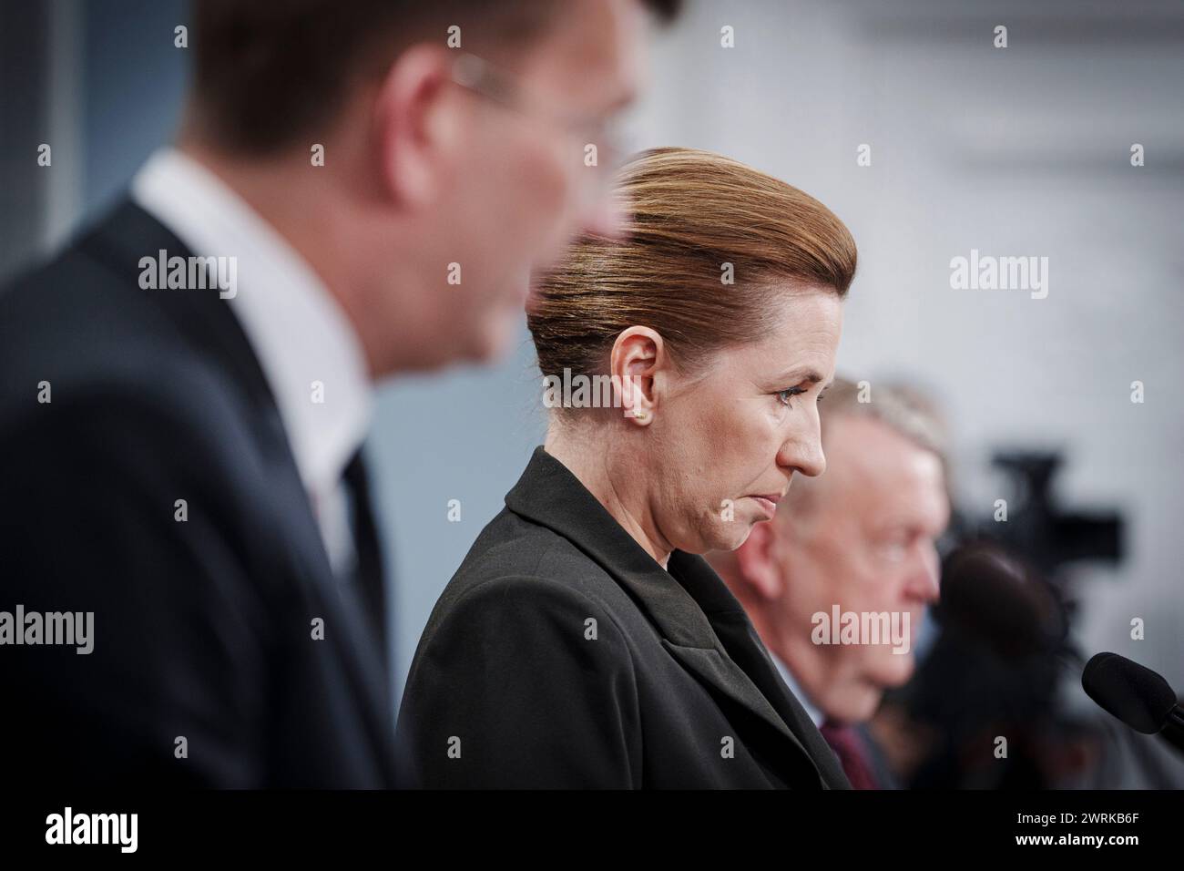 Danish Prime Minister Mette Frederiksen, center, speaks during a press ...