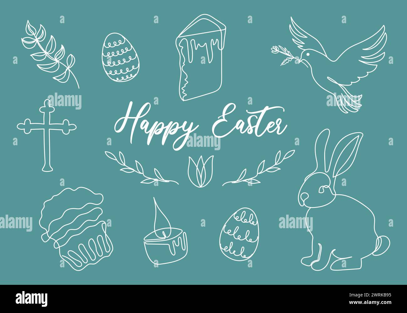 Easter Set in continuous one line style with design elements like bunny ...