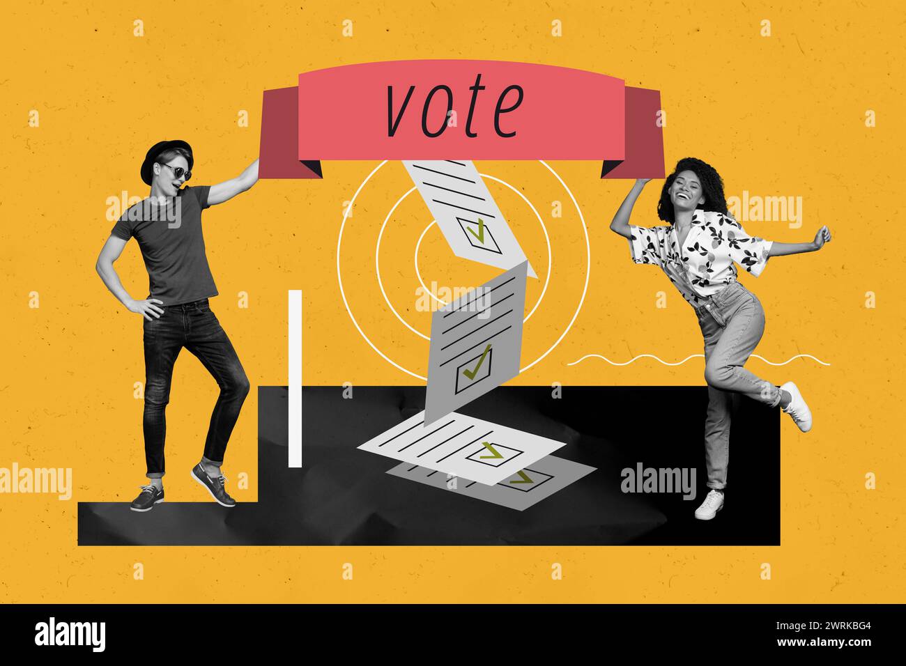 Collage 3d pinup pop retro sketch image of excited funny couple voting ...