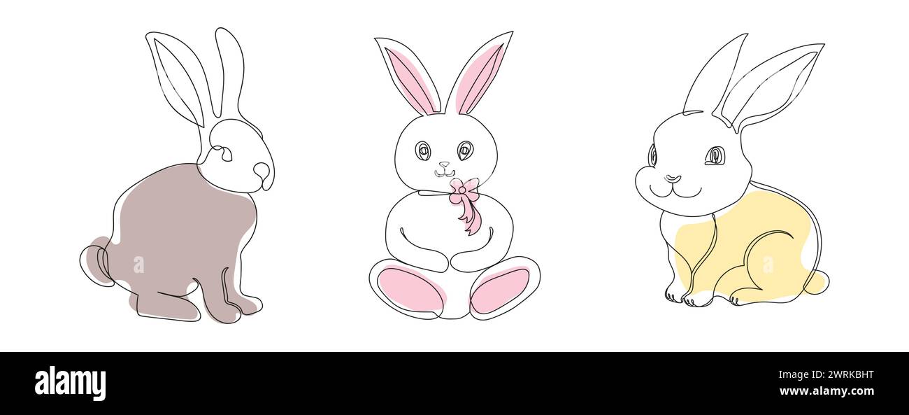 Set of cute toy bunnies. Continuous one line drawing of Rabbits. Simple ...