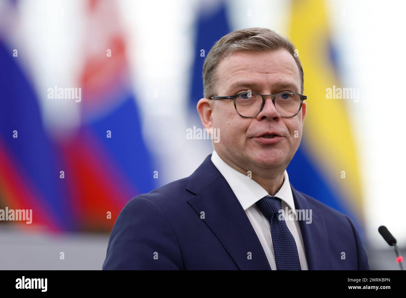 Prime Minister of Finland Petteri Orpo speaks during a debate at the European Parliament ...