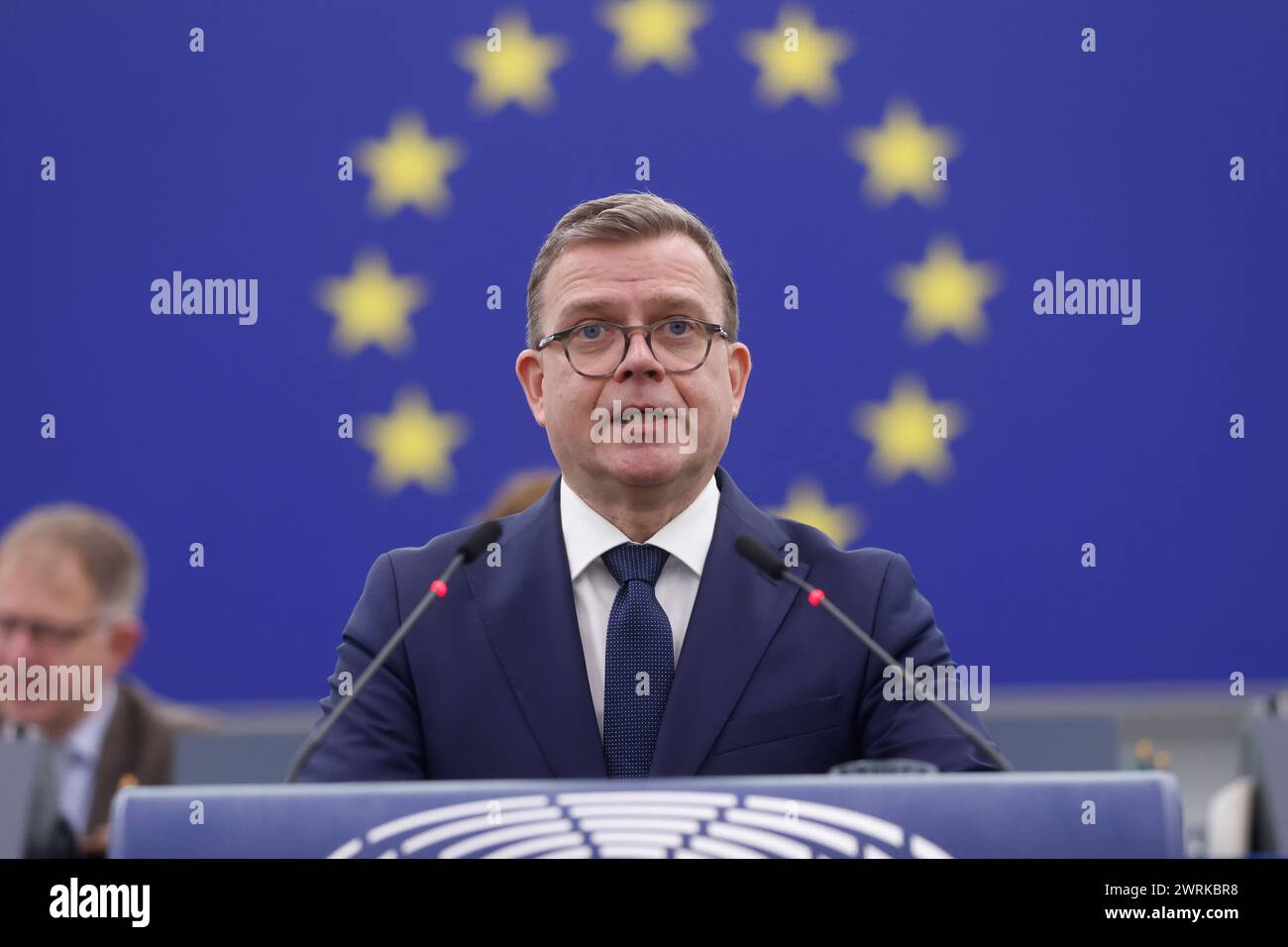 Prime Minister of Finland Petteri Orpo speaks during a debate at the ...