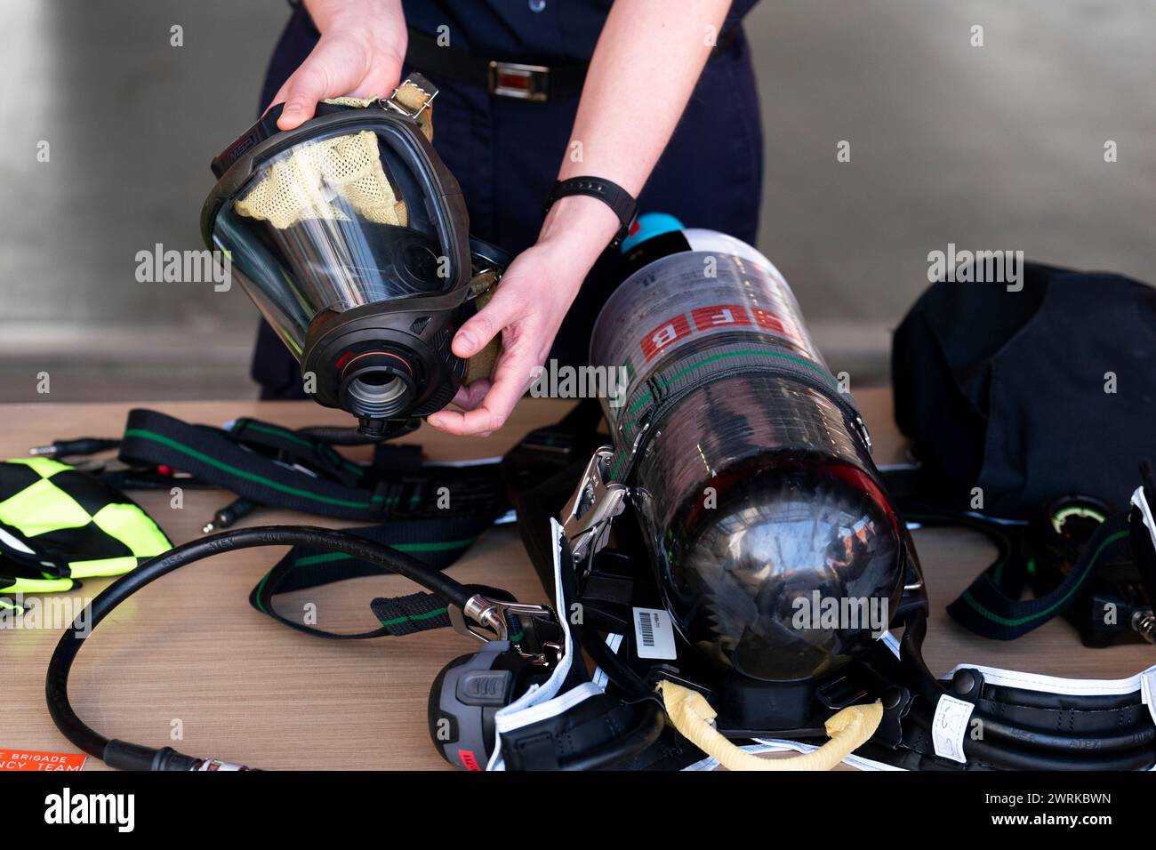 A London Fire Brigade firefighter operates new breathing apparatus ...