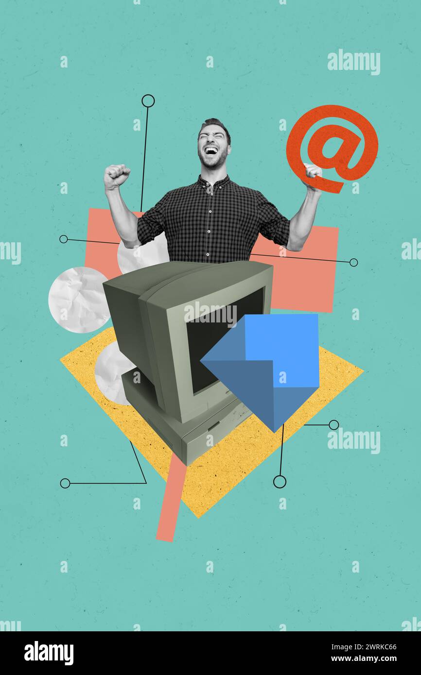 Vertical creative collage image of young man work process online ...