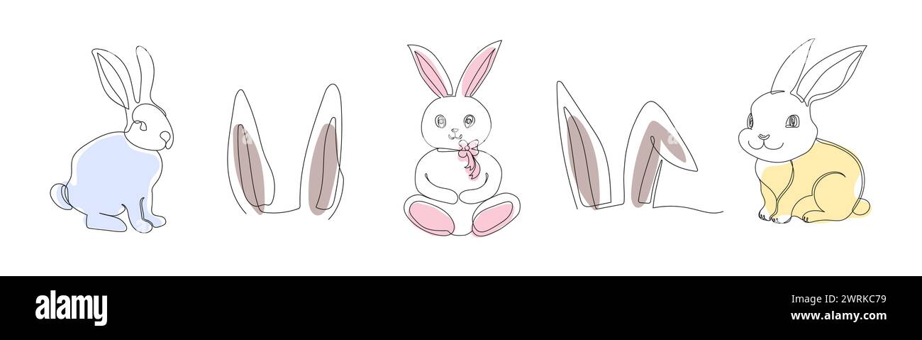 Collection of cute toy rabbits and bunny ears. Continuous one line ...