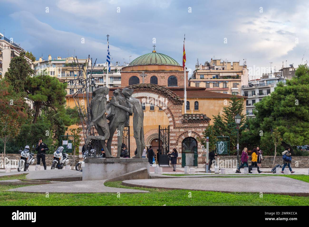 Polítes sculpture and Holy Church of Hagia Sophia in Thessaloniki city ...
