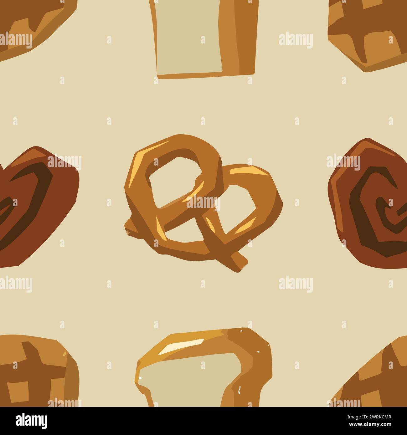 Seamless pattern of various bread types. Waffles, loaf, baguette, bun ...