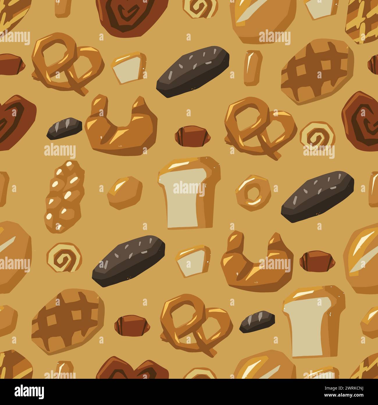 Seamless pattern of various bread types. Waffles, loaf, baguette, bun ...