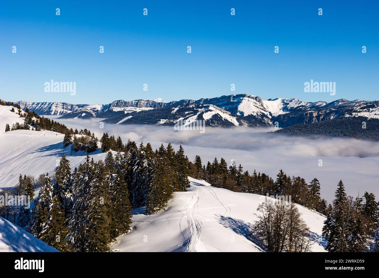 Mer de nuages sur le Massif de la Chartreuse depuis le sommet enneigé ...