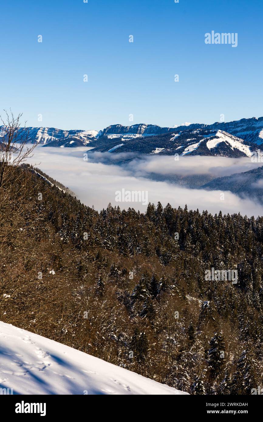 Mer de nuages sur le Massif de la Chartreuse depuis le sommet enneigé ...